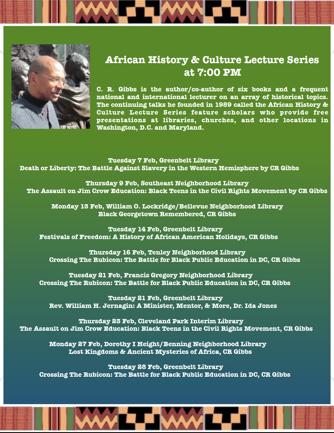 17Feb, 4:00pm CR Gibbs Lecture – DC Black History happens EveryDay…